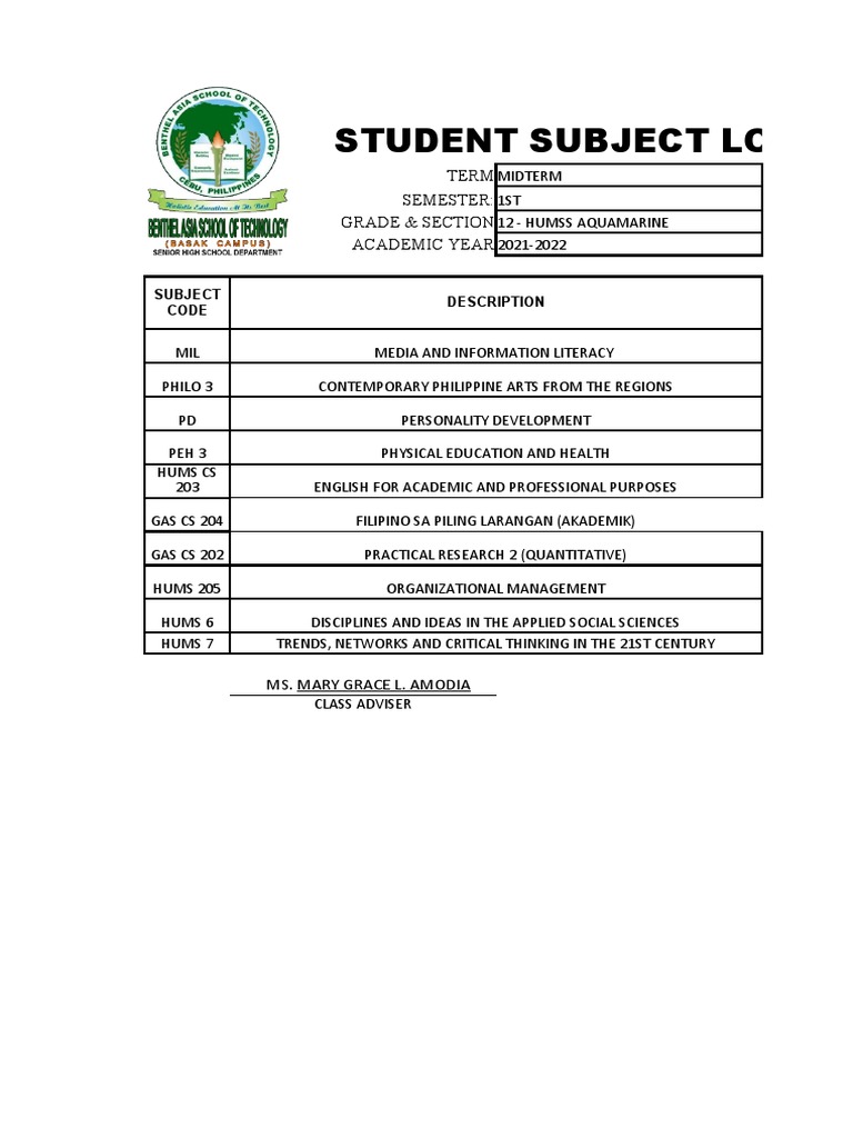Student Course Load and Midterm Grades for Grade 12 HUMSS Aquamarine Section | PDF | Cognitive ...
