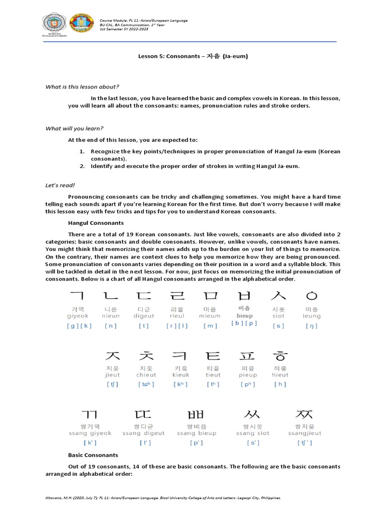 Lesson 5 Module (FL 11) | PDF | Consonant | Korean Language