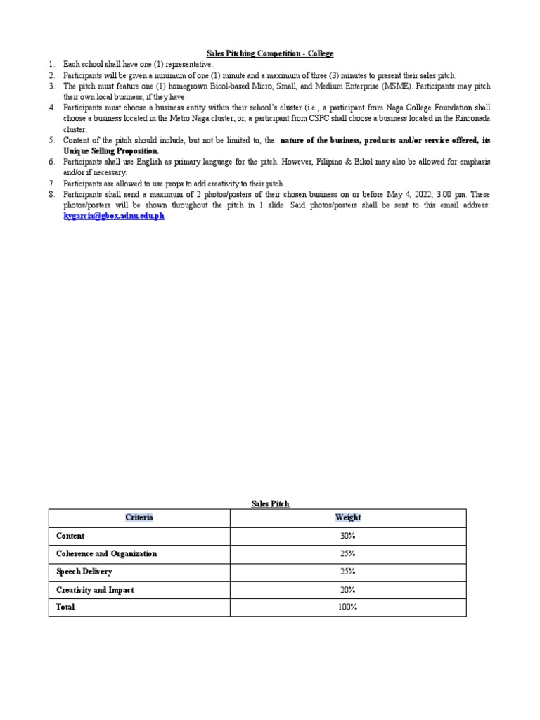 Sales Pitching Competition Mechanics Criteria and Program Flow | PDF