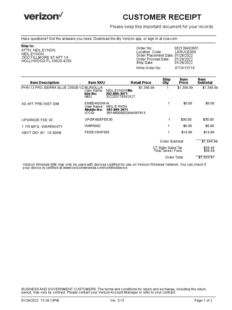 Customer receipt details | PDF | Consumer Electronics | Mobile Telecommunications