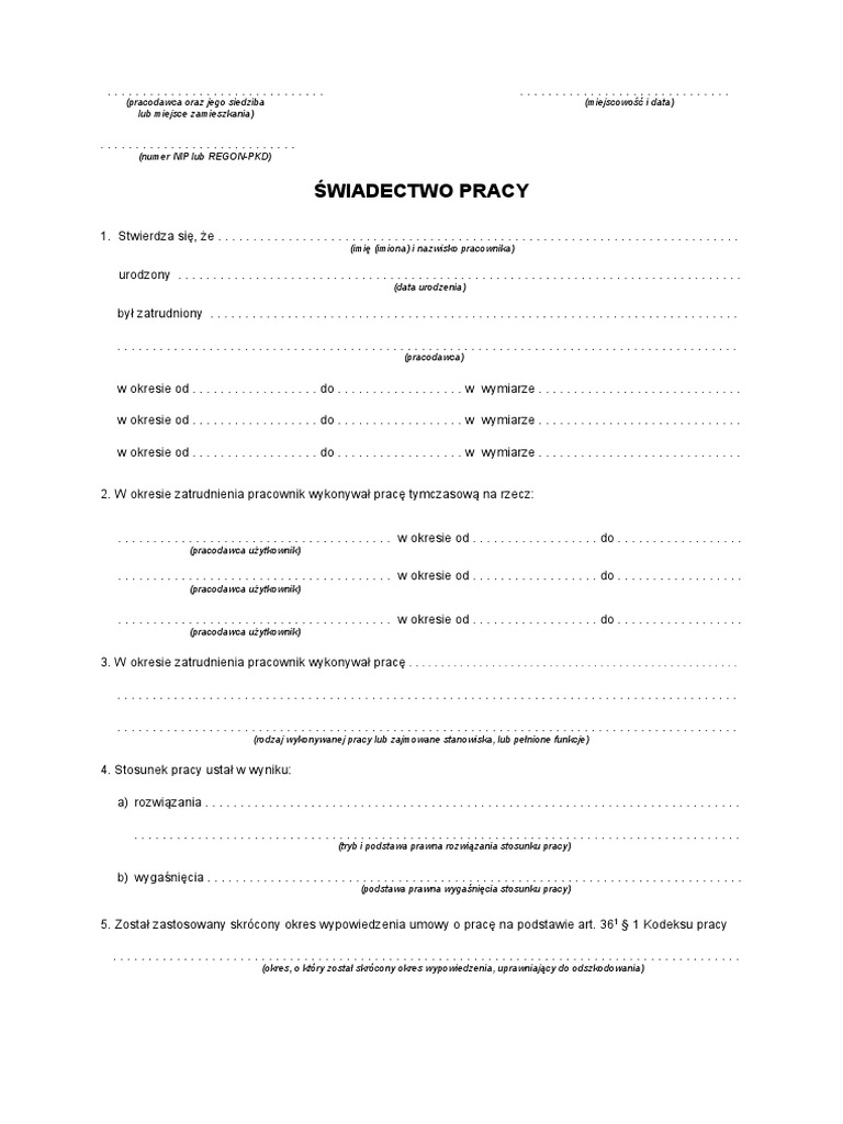 Swiadectwo Pracy Wzor Obowiazujacy Od 7 Wrzesnia 2019 R | PDF