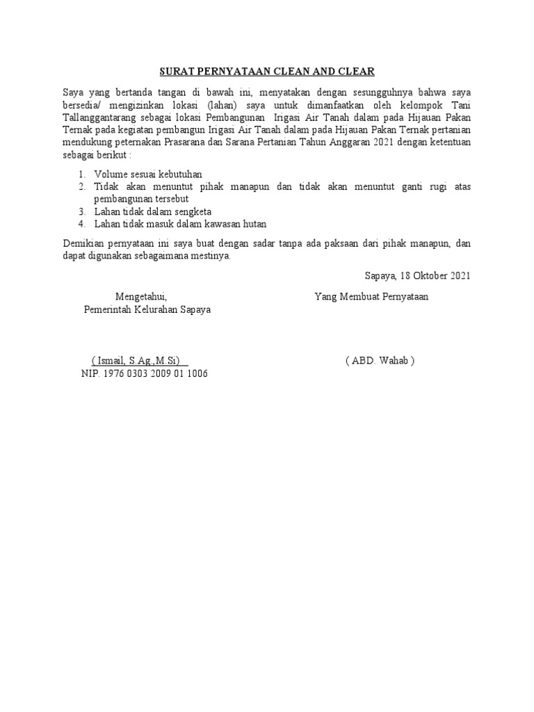 Surat Pernyataan Clean and Clear | PDF