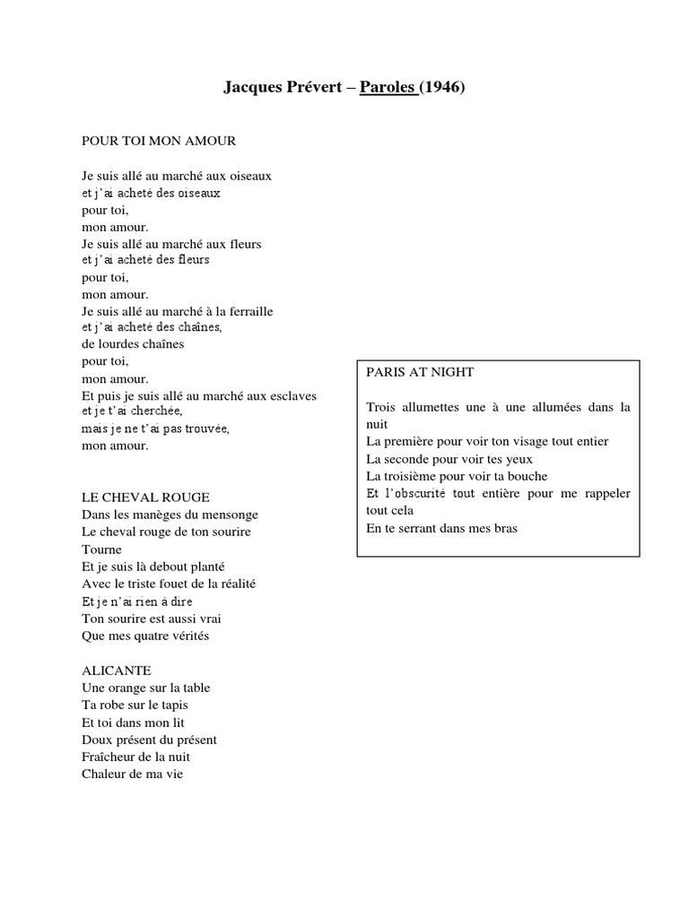 Paroles de Jacques Prévert : Amour et Marche | PDF