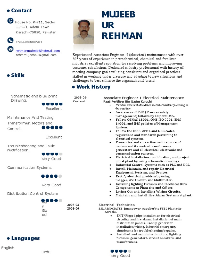 Mujeeb Ur Rehman Pic CV 2022 | PDF | Electrician | Engineering