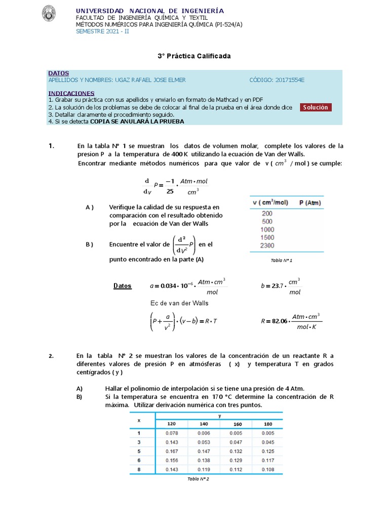 3° PC Metodos Numericos Ingenieria Quimica 2021 - II (Ugaz Rafael) | Descargar gratis PDF ...