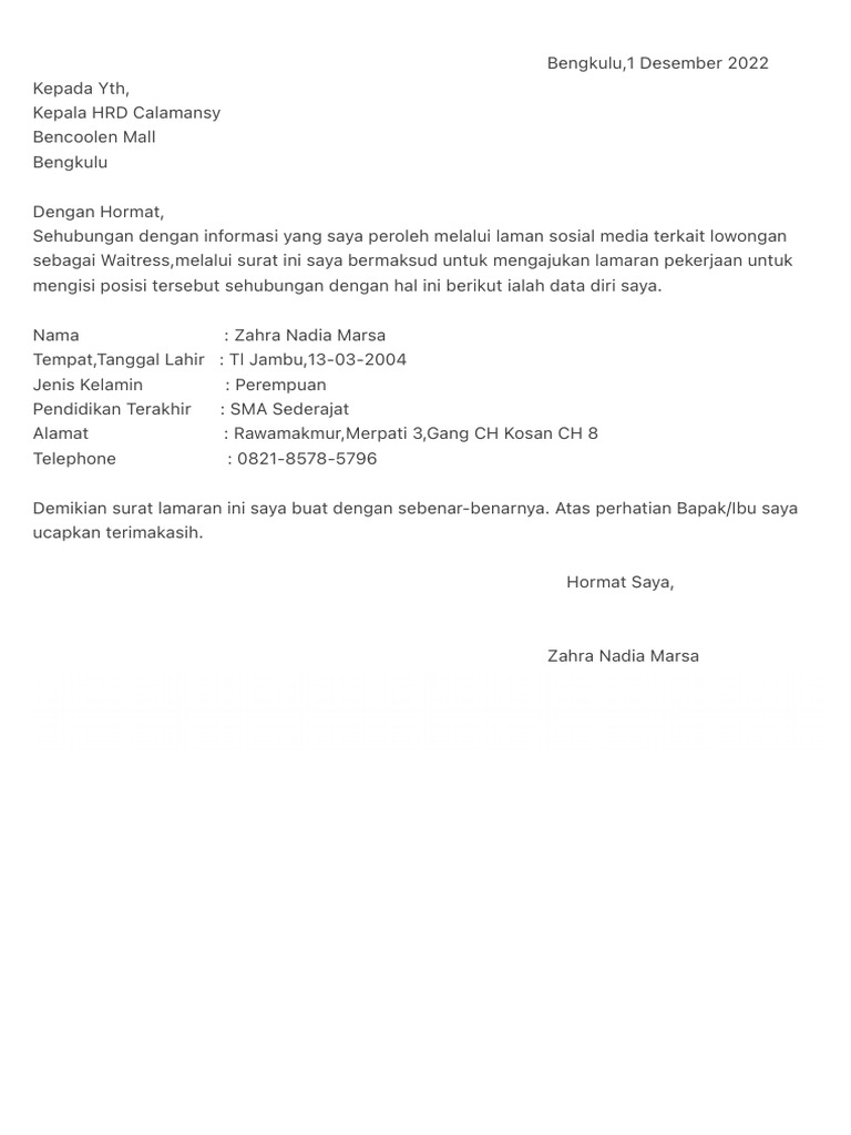 Lamaran Zahra Nadia Marsa 2 | PDF