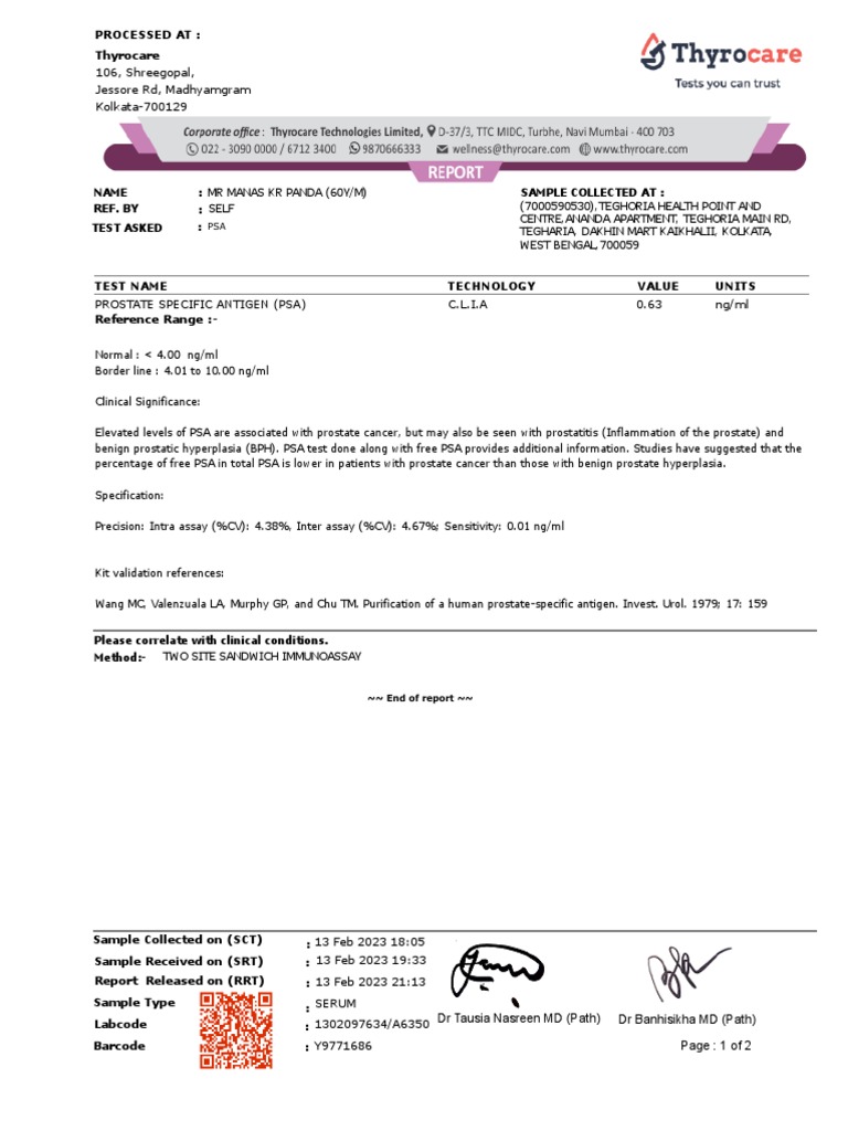PSA Test Report for Mr. Manas Panda | PDF | Prostate Specific Antigen ...
