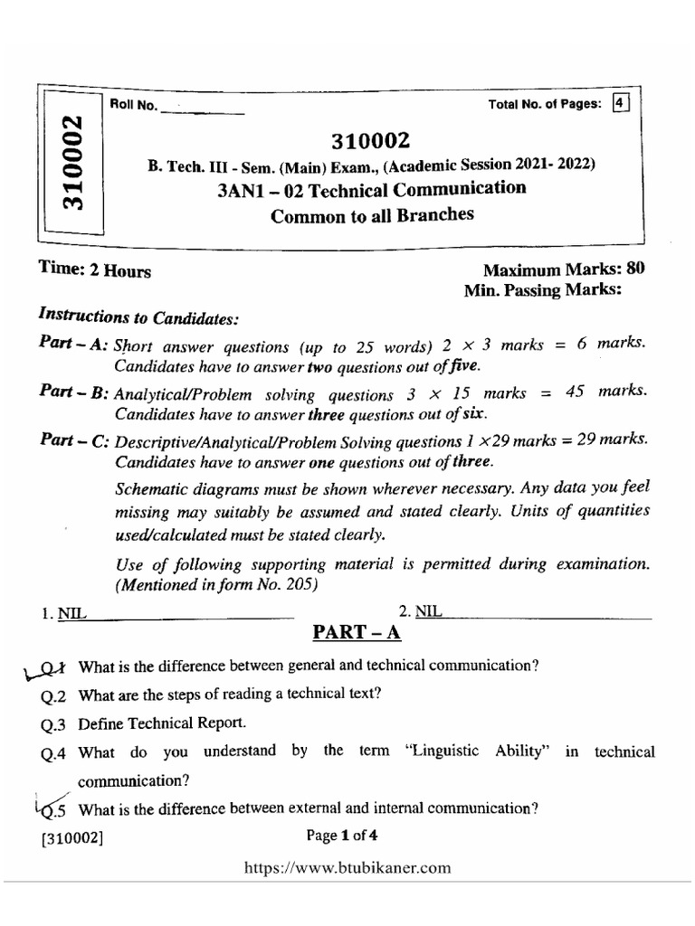 Btech 3 Sem Technical Communication 310002 2022 | PDF