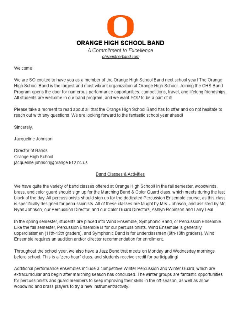 Orange High School Band Handout | PDF | Performing Arts