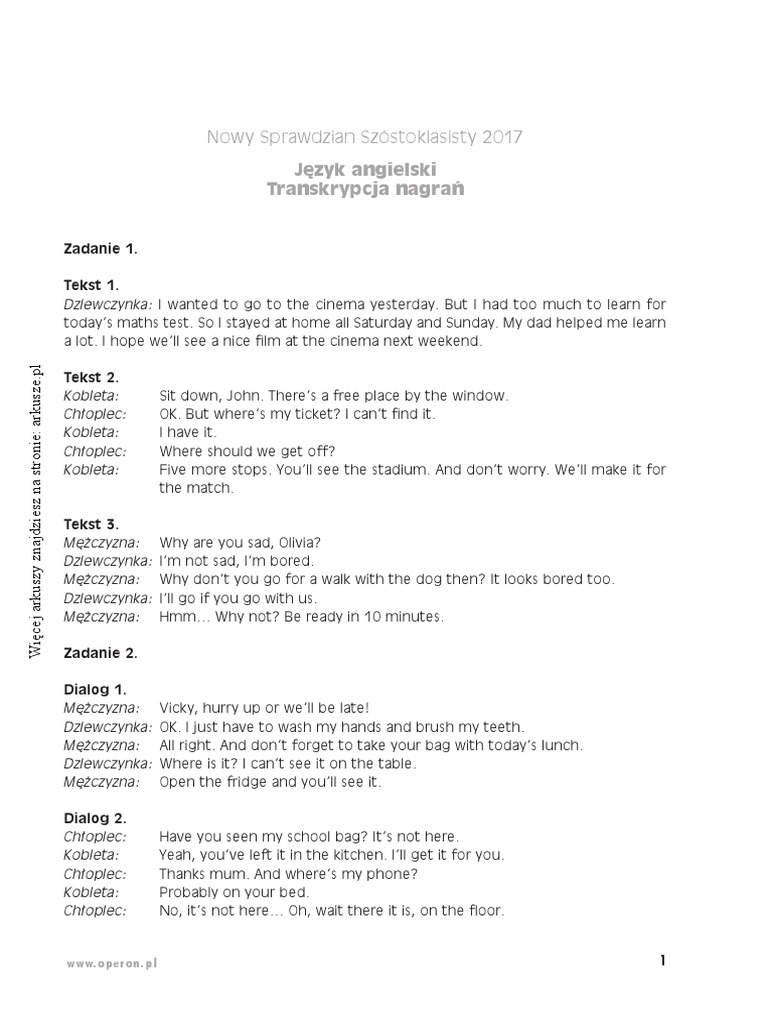 Jezyk Angielski 2017 Sprawdzian Szostoklasisty Operon Transkrypcja | PDF