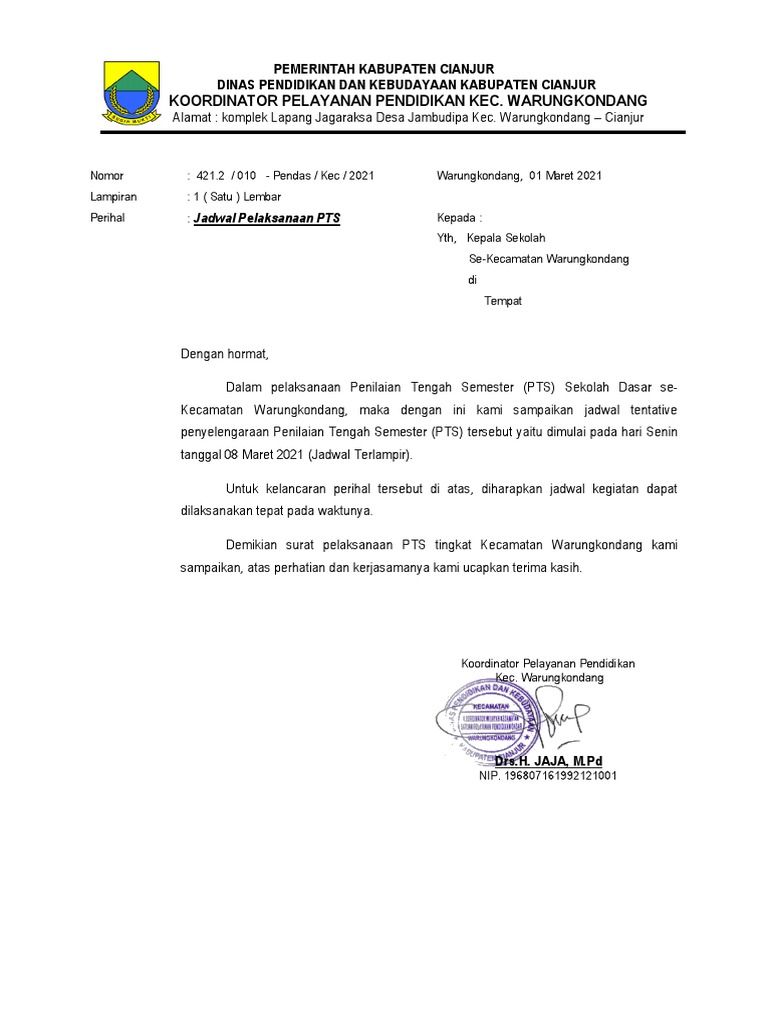 JADWAL PTS 2020-2021 Kec. Warungkondang | PDF