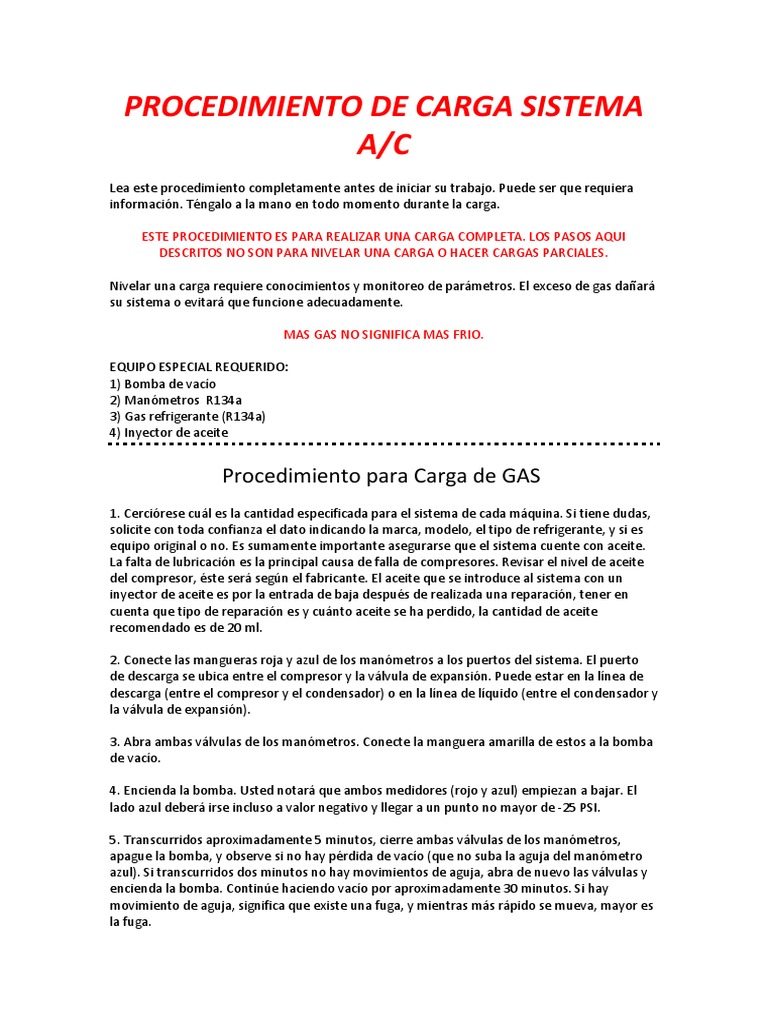 Procedimiento de Carga de AC | PDF | Presión | Medida de presión
