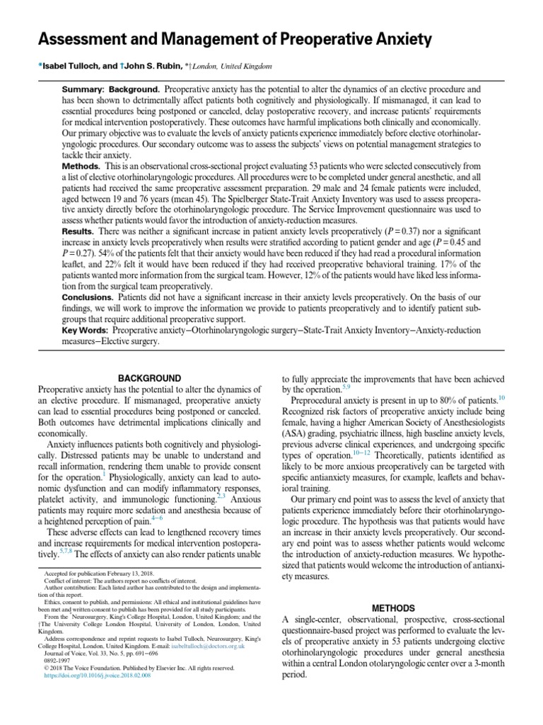Assessment and Management of Preoperative Anxiety | PDF | Health Care | Clinical Medicine