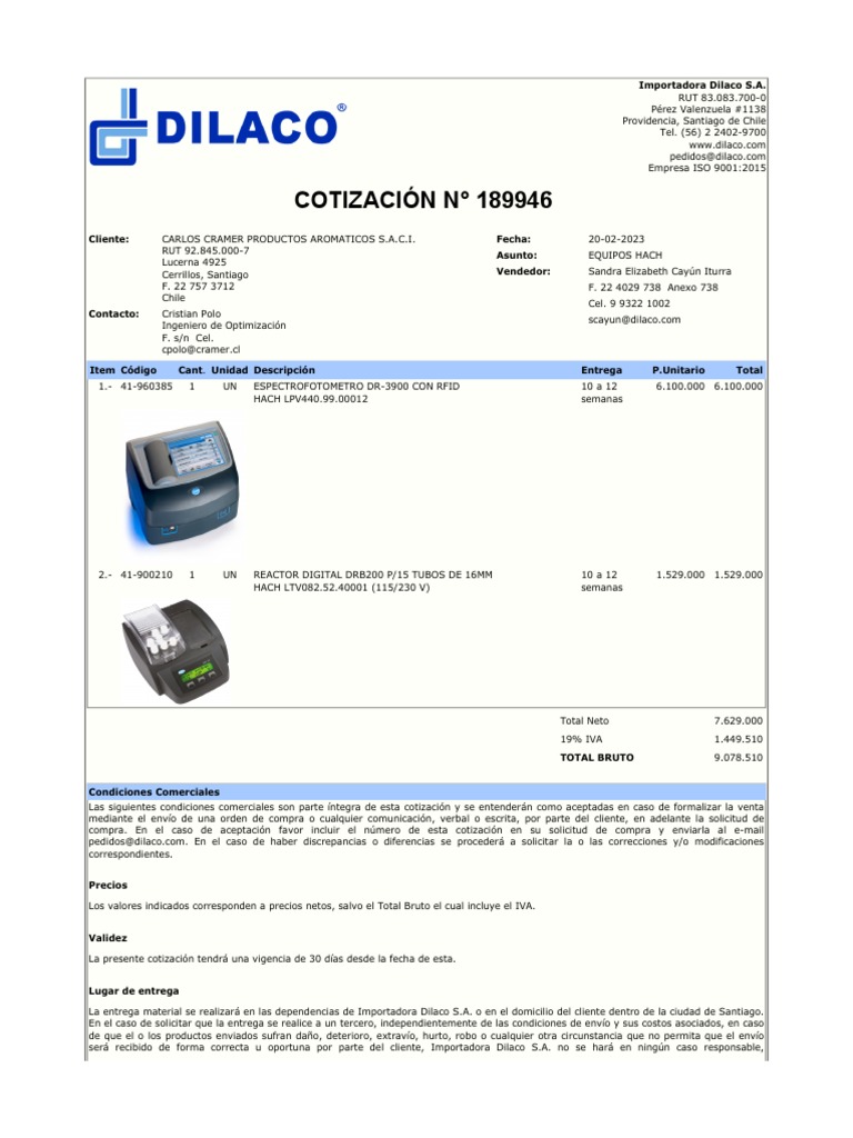 Cotizacion Dilaco N°189946 CARLOS CRAMER-EQUIPOS HACH | PDF | Cliente | Business