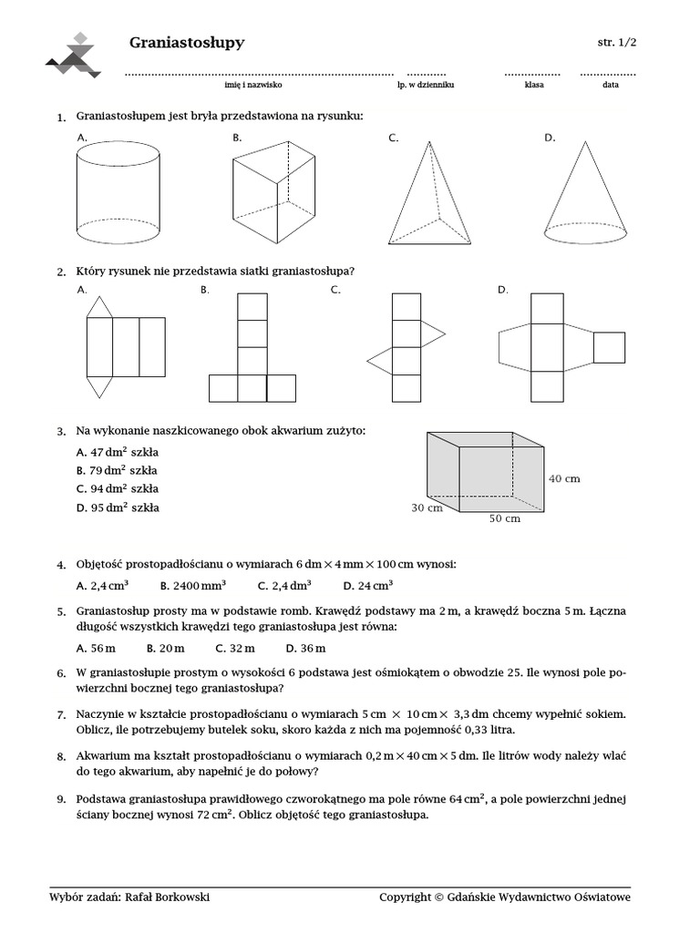 Sprawdzian Graniastosłupy Klasa 7. | PDF