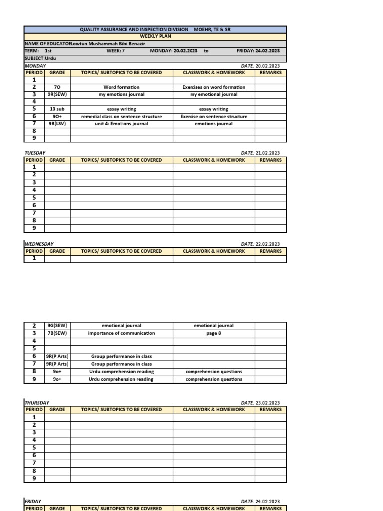 Weekly Urdu Lesson Plan for Educators | PDF