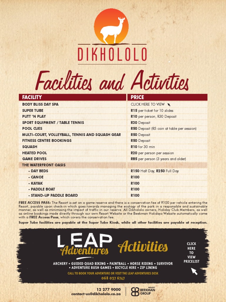 Dikhololo Resort Activities and Prices | PDF | Human Powered Transport ...