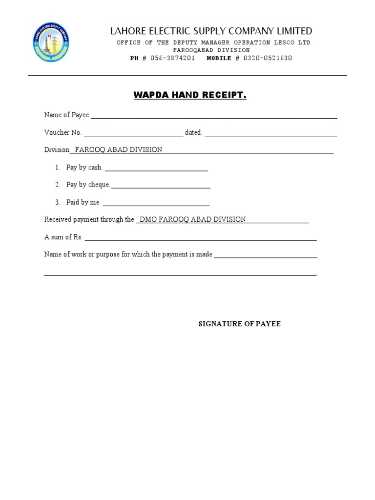 WAPDA Hand Receipt Form Template | PDF | Business | Finance & Money ...