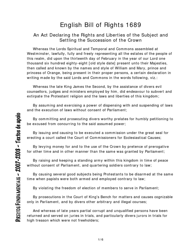 English Bill of Rights 1689 | PDF | Parliament Of The United Kingdom ...