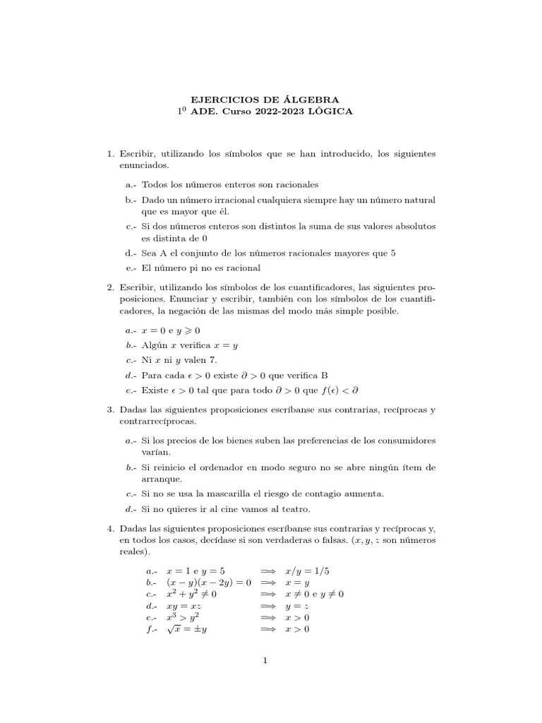 Ejercicios de Lógica y Álgebra | PDF | Número racional | Proposición