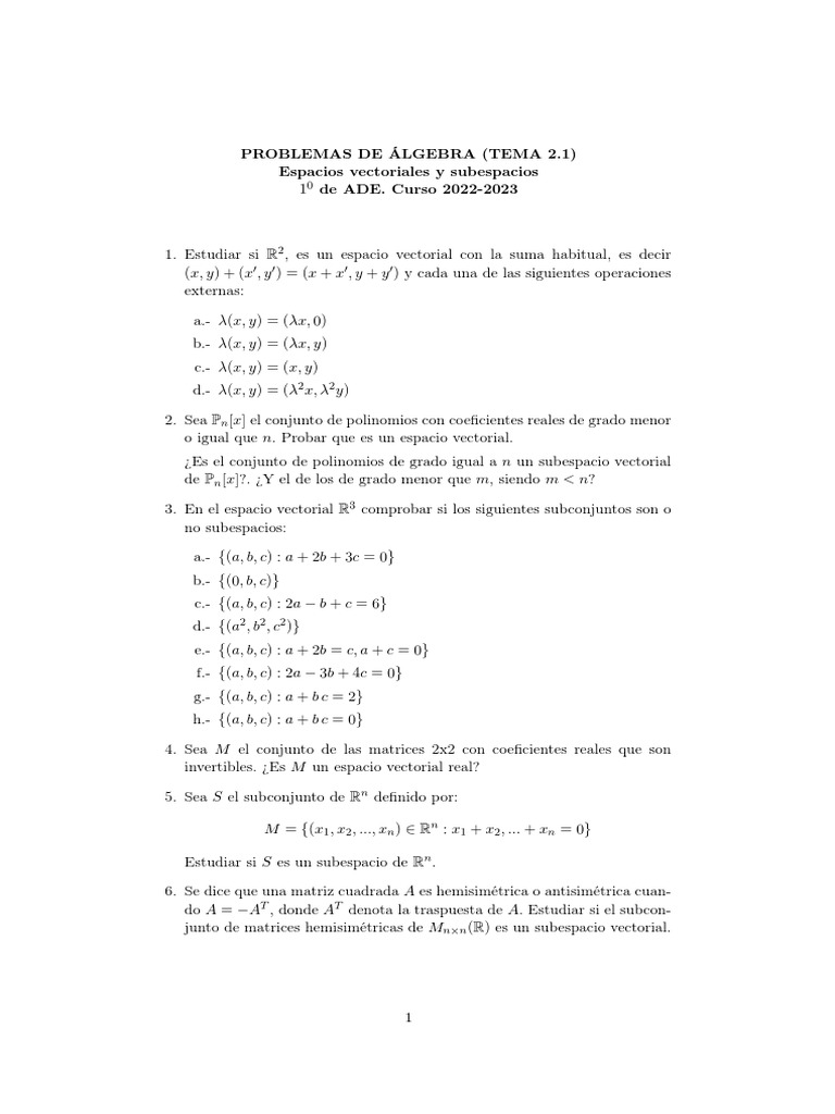 Ejercicios Tema 2 (Subespacios vectoriales, Álgebra para ADE USAL). 22-23 | PDF | Matriz ...