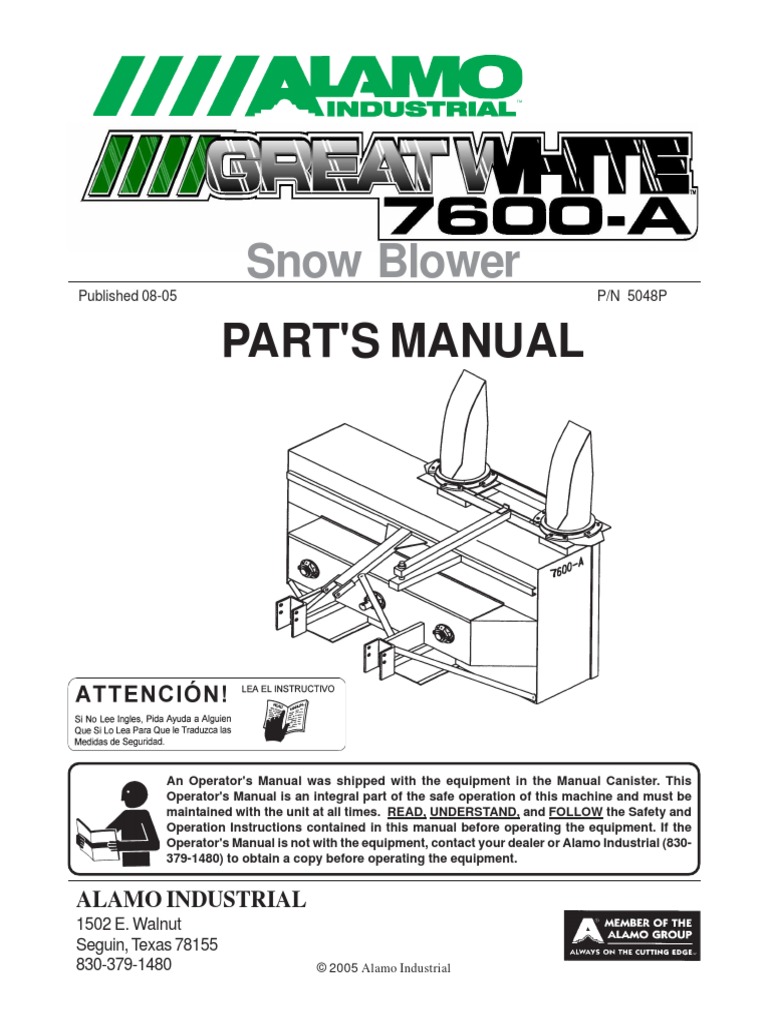 Alamo Great White 7600-A Snowblower Parts Manual | PDF | Tractor ...