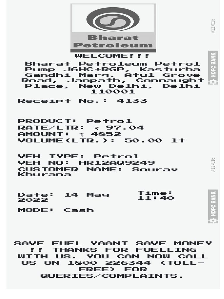 Bharat Petroleum Receipt for 50 Ltrs of Petrol Pumped in New Delhi | PDF