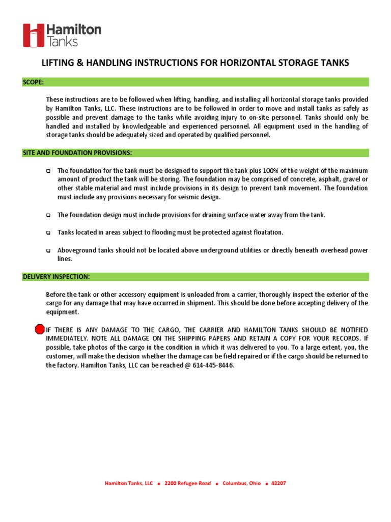 Lifting Handling Instructions For Horizontal Tanks | PDF | Cargo ...