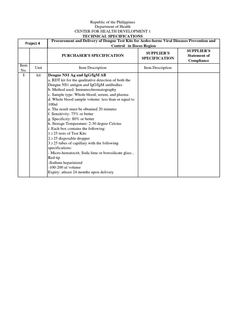 Technical Specification - Dengue Test Kits | PDF | Blood Plasma | Medicine