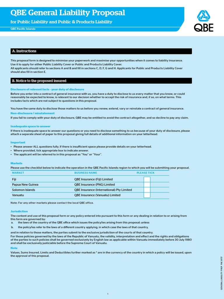 QBE Public Liability Proposal Form | PDF | Insurance | Liability Insurance