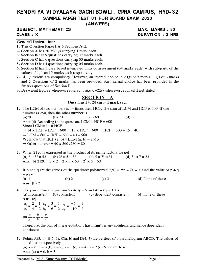 Maths Class X Sample Paper Test 01 For Board Exam 2023 Answers | PDF ...