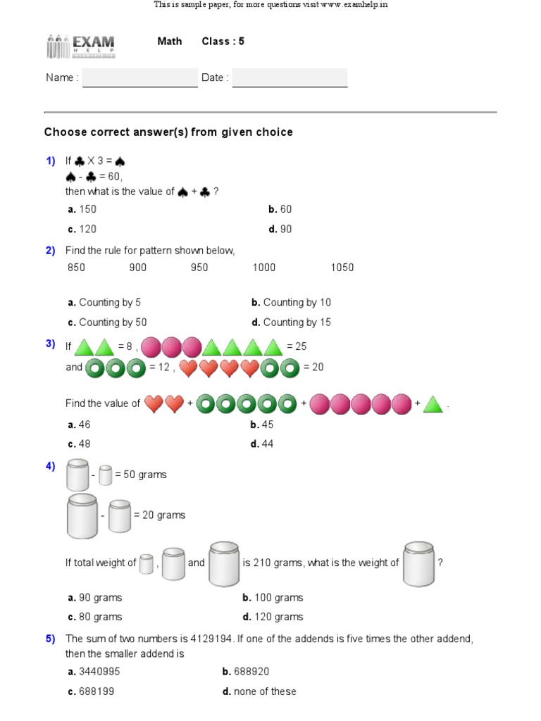 Math Olympiad Class 5 Sample Paper | PDF