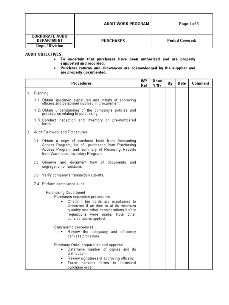 Audit Program Purchases | Audit | Warehouse