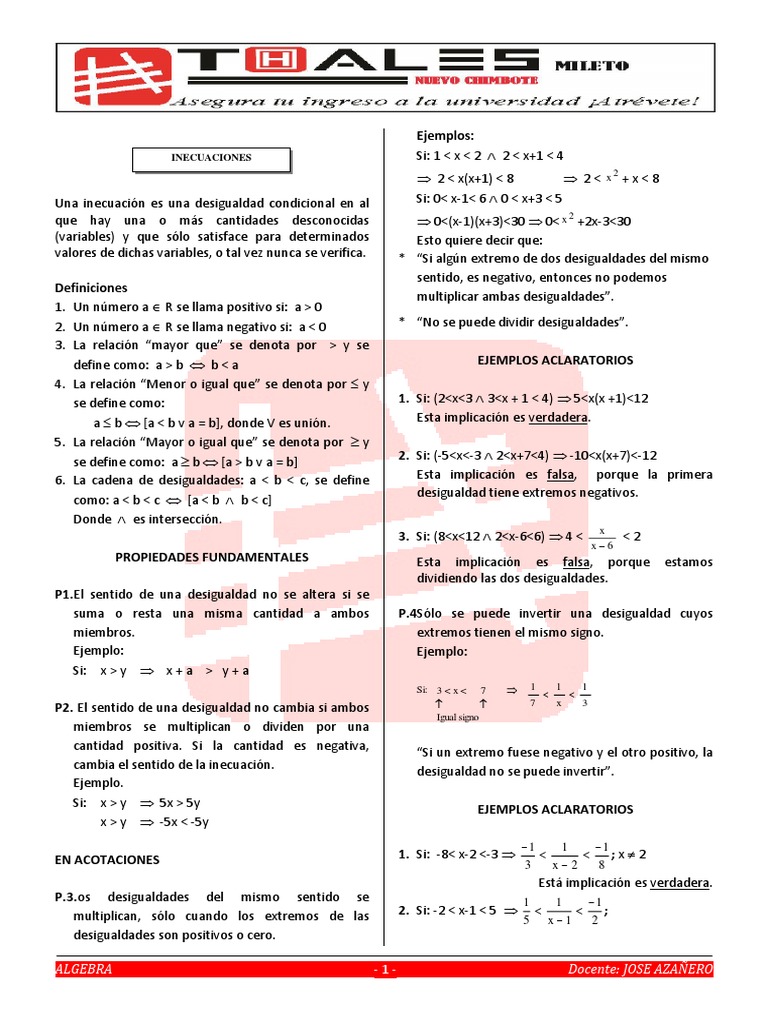 Semana 11 Inecuaciones | PDF | Factorización | Desigualdad (Matemáticas)