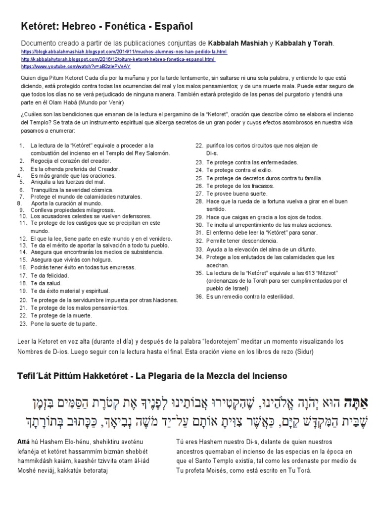 Ketoret Hebreo Fonetica Espanol | PDF | Oración | Incienso
