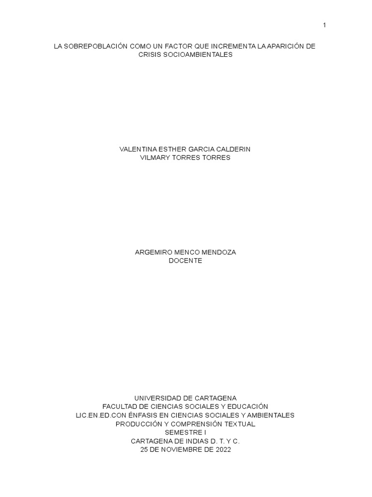 Ensayo Sobre La Sobrepoblación | PDF | Sobrepoblación humana | Población