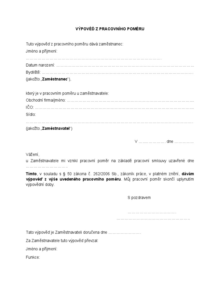 Výpověď Z Pracovního Poměru VZOR 2019 2 | PDF
