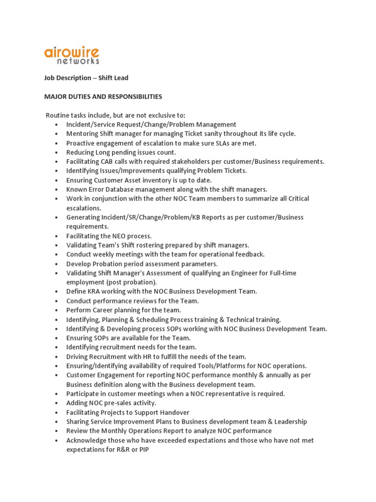 Job Description Shift Lead | PDF