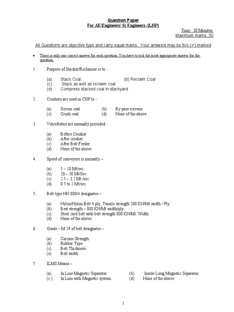 Coal Handling Question Paper | PDF | Belt (Mechanical) | Mechanical Engineering