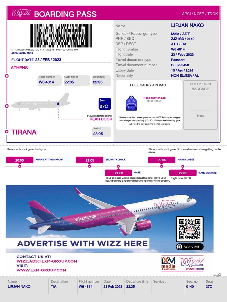 BoardingCard 297359582 ATH TIA | PDF | Aviation | Transport