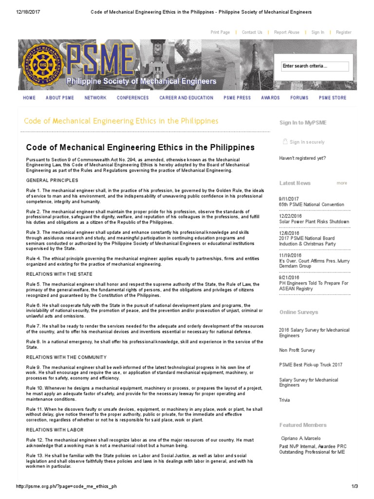 PSME Code of Mechanical Engineering Ethics | PDF | Engineer | Employment