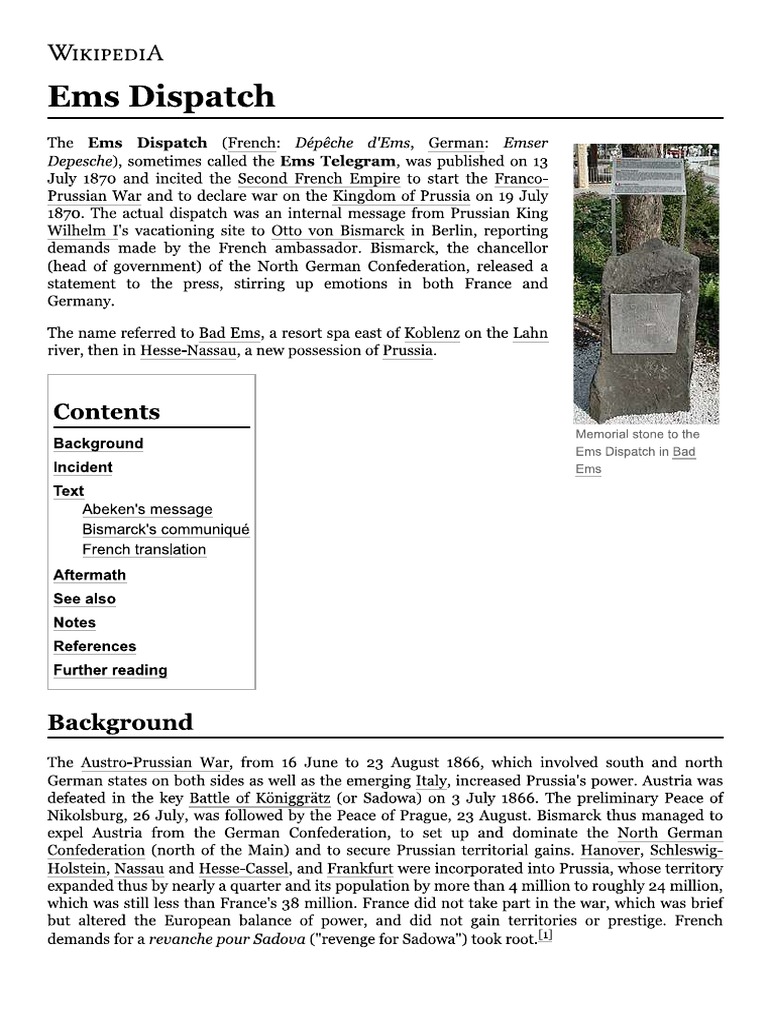 Ems Dispatch - French Prussian War 1870-1871 | PDF