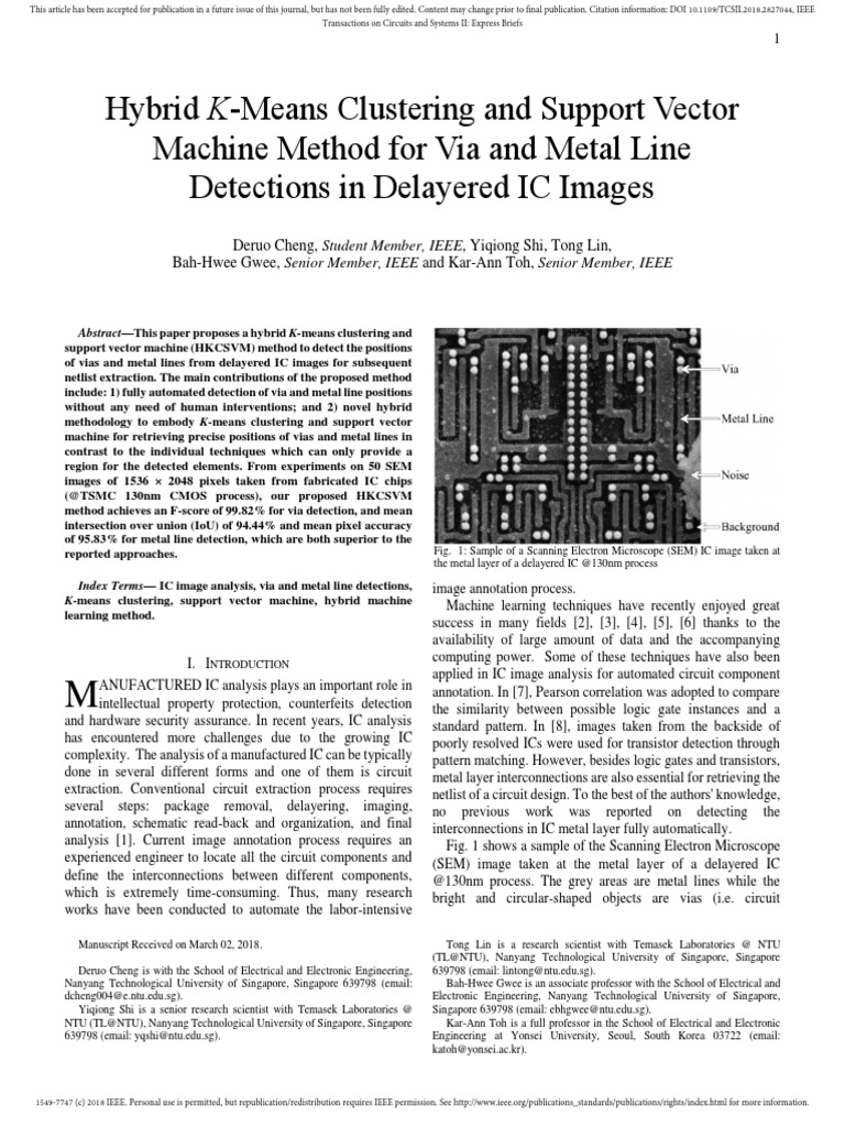Hybrid K Means Clustering And Support Vector Mchine Method For Via And Metal Line Detections In