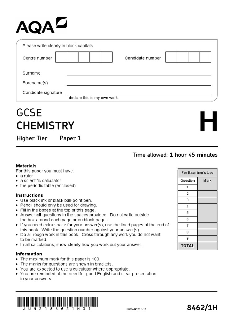 GCSE AQA Chemistry Paper 1 (2021) - Practice Paper | PDF | Acid ...
