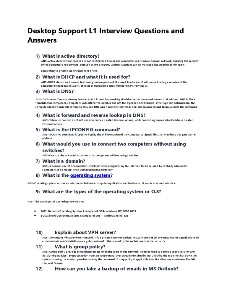 Desktop Support L1 Interview Questions and Answers | PDF | Domain Name ...