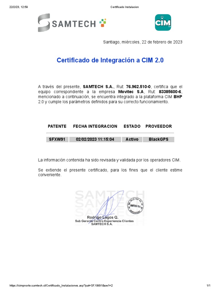 Certificado Instalacion CIM 2 | PDF