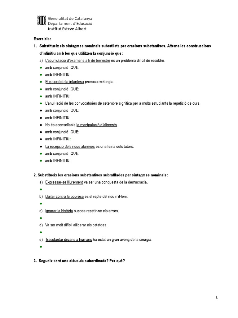 Oracions Subordinades Substantives - Exercicis | PDF