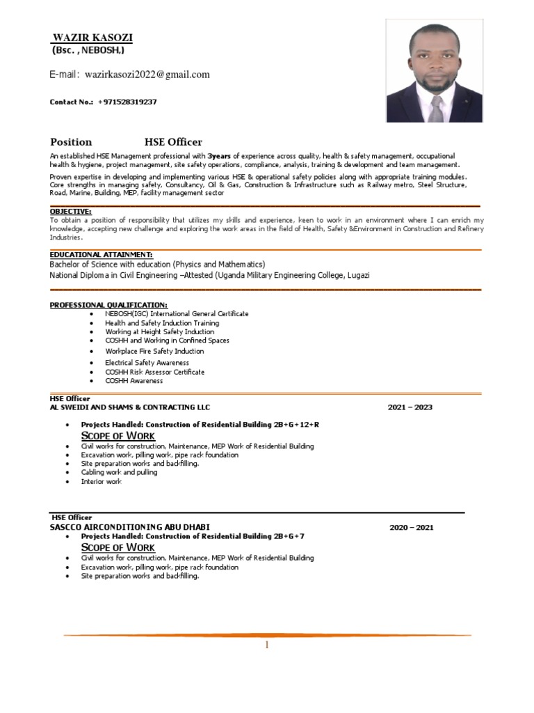 HSE Officer Resume of Wazir Kasozi | PDF | Occupational Safety And ...