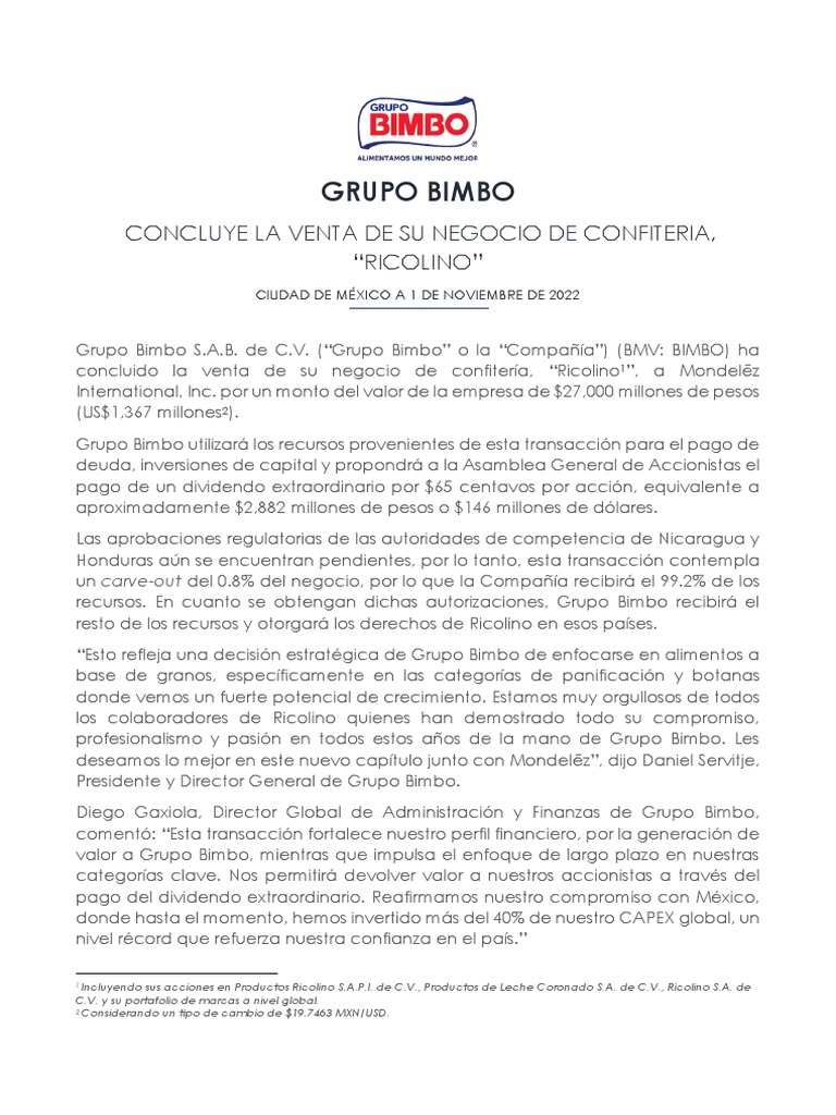 Grupo Bimbo Concluye La Venta de Ricolino - VFINAL ESP | PDF | Economias