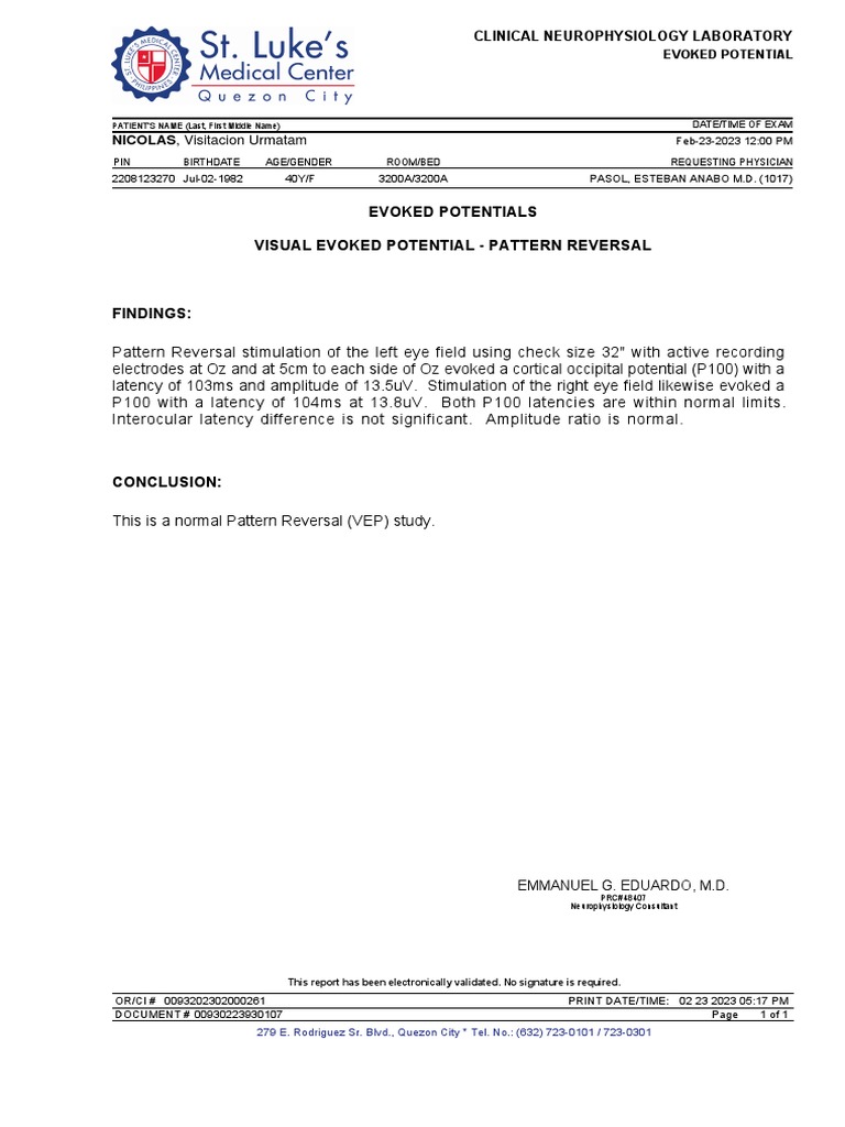 Evoked Potentials Visual Evoked Potential - Pattern Reversal | PDF
